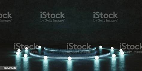 원형 네온 빛 연단 레이저 광 및 원형 네온 빛 원형 현대 기술 배경과 벽 3d 그림 받침대에 대한 스톡 사진 및 기타 이미지 받침대 홀로그램 0명 Istock