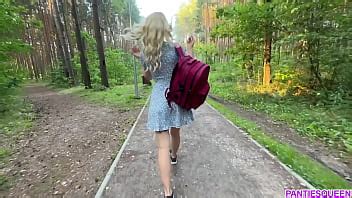 Public Dare Stepsister Walks Around Naked Outdoors In Park And Plays With Remote Control