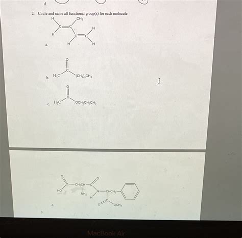 [Solved] d. 2. Circle and name all functional group(s) for each molecule CH3... | Course Hero