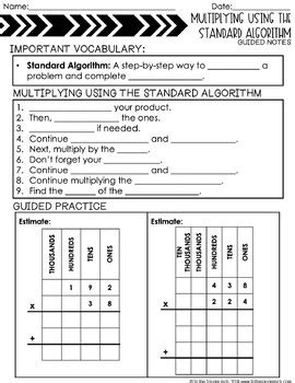 Multiplying Using The Standard Algorithm Notes And Practice Tpt