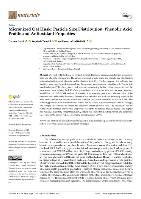 Pdf Micronized Oat Husk Particle Size Distribution Phenolic Acid Profile And Antioxidant