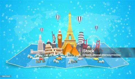 세계로 겨울 여행 크리스마스 휴일입니다 여행 세계의 유명한 랜드 마크의 큰 세트 여행 관광 여름 휴가 시간입니다 여행의 다른 유형 플랫 디자인 벡터 일러스트레이션 겨울에