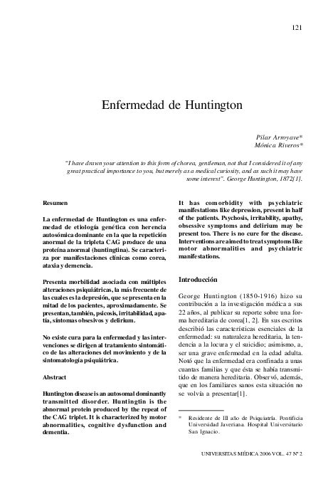 Pdf Enfermedad De Huntington Pilar Arroyave