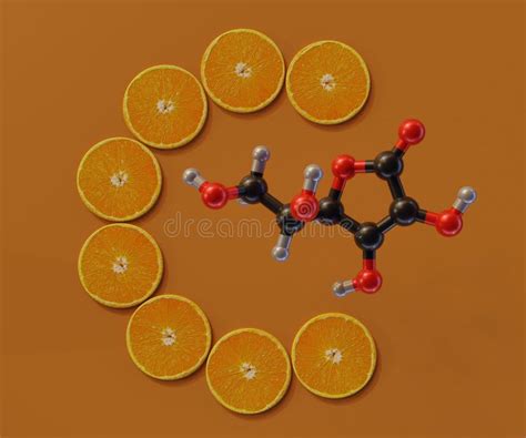 Ascorbic Acid Or Vitamin C Molecule With Cut Half Orange Fruit Stock