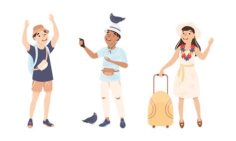 여름 휴가 세트에 여행하는 행복한 사람들 여행 가방과 카메라 만화 벡터 일러스트 레이 션을 가진 남성과 여성 관광객 가방에 대한 스톡 벡터 아트 및 기타 이미지 Istock