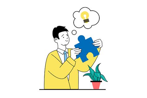 플랫 웹 디자인에서 사람들 장면과 함께 브레인스토밍 개념 남자는 퍼즐을 풀고 생각하고 영감을 주고 아이디어와 솔루션을 생성합니다
