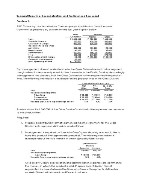 Segment Reporting Decentralization And The Balanced Scorecard Problem 1 Pdf Inventory