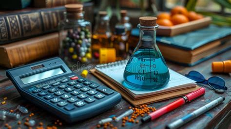 a science experiment setup with a calculator notebook and erlenmeyer