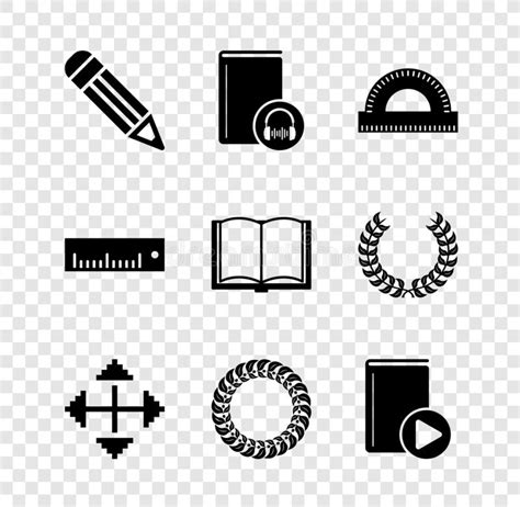 Set Pencil Audio Book Protractor Grid Pixel Arrows In Four Directions Laurel Wreath Ruler