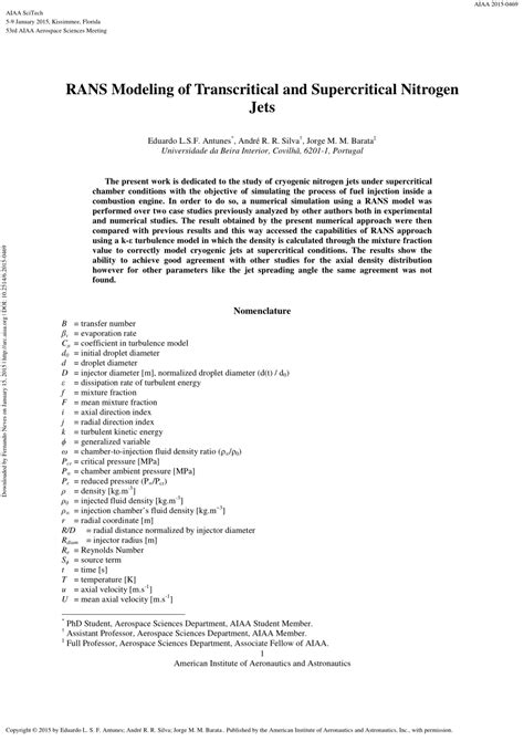 Pdf Rans Modeling Of Transcritical And Supercritical Nitrogen Jets