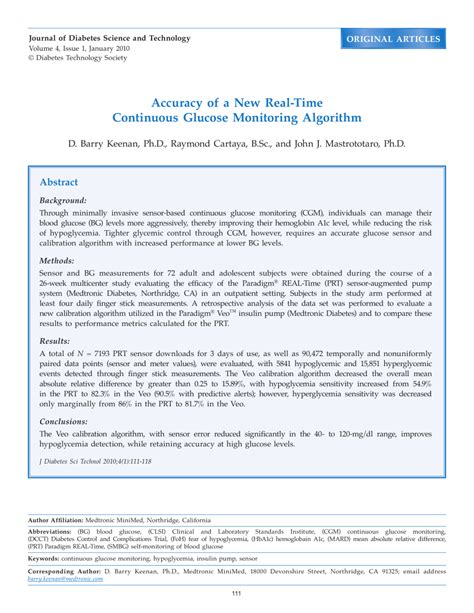 Pdf Accuracy Of A New Real Time Continuous Glucose Monitoring Algorithm