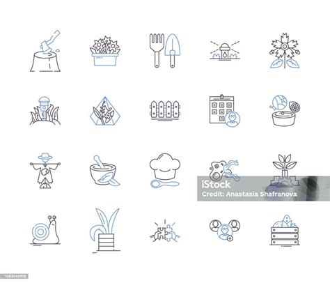 농업 사업 개요 아이콘 모음입니다 자르기 파종 농사 경작 수확 번성 경작 벡터 및 일러스트레이션 개념 세트 수확 농업 관련 산업 관개 선형 표지판 심기에 대한 스톡 벡터