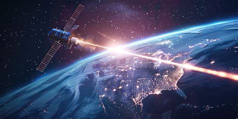 Satellite In Space Orbiting Earth With Laser Beams Space Exploration Aig49 Stock Image