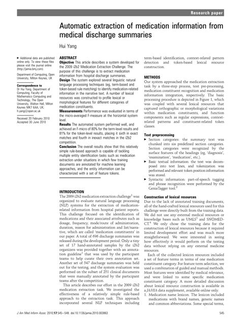 Pdf Automatic Extraction Of Medication Information From Medical