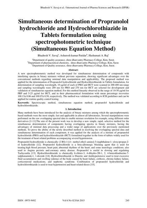 Pdf Simultaneous Determination Of Propranolol Hydrochloride And Hydrochlorothiazide In Tablets