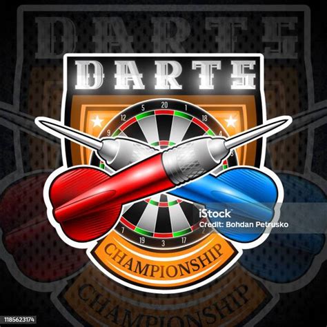 빨간색과 파란색 다트는 방패 중앙에 둥근 대상과 교차했다 모든 다트 게임 또는 챔피언십스포츠 라벨 3에 대한 스톡 벡터 아트 및 기타 이미지 Istock