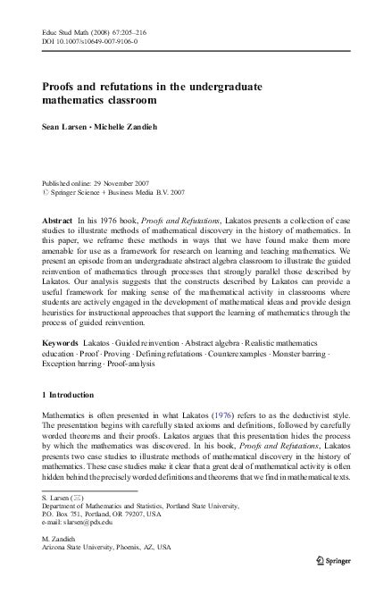 Pdf Proofs And Refutations In The Undergraduate Mathematics Classroom