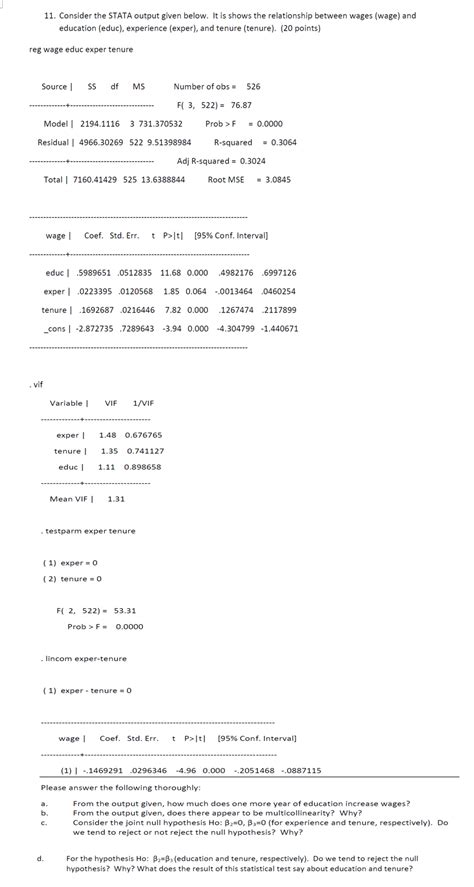 Solved 11 Consider The Stata Output Given Below It Is
