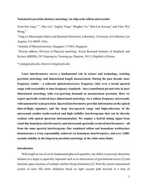 Pdf Nanometric Precision Distance Metrology Via Chip Scale Soliton Microcombs