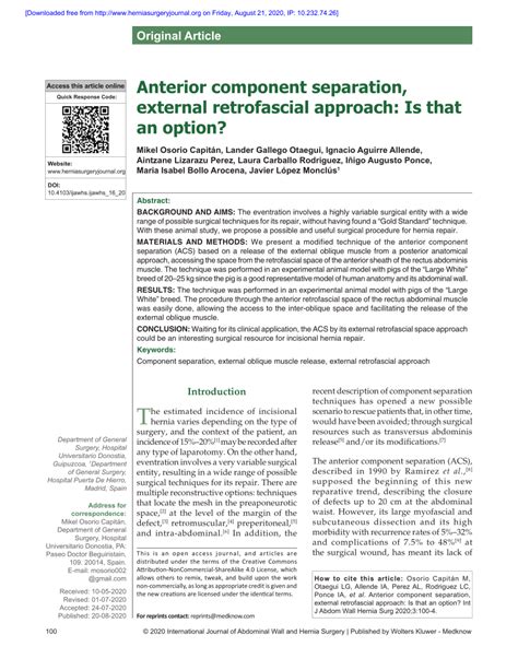 Pdf Anterior Component Separation External Retrofascial Approach Is That An Option