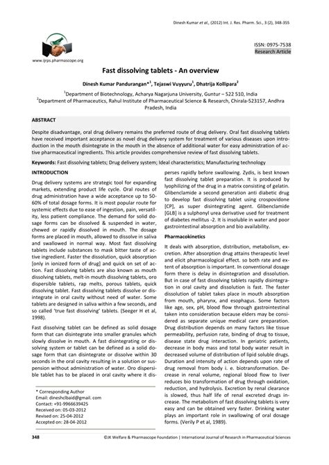 Pdf Fast Dissolving Tablets An Overview