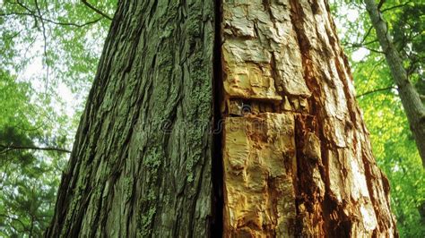Close Up Of A Tree Trunk Displaying Two Distinct Types Of Bark Stock
