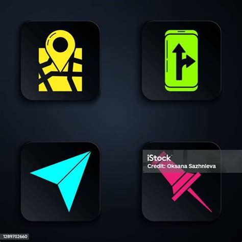 푸시 핀 위치 마커가 있는 접힌 맵 종이 비행기 및 도시 지도 탐색의 인포그래픽을 설정합니다 검은 색 사각형 버튼 벡터 개념에 대한 스톡 벡터 아트 및 기타 이미지 Istock