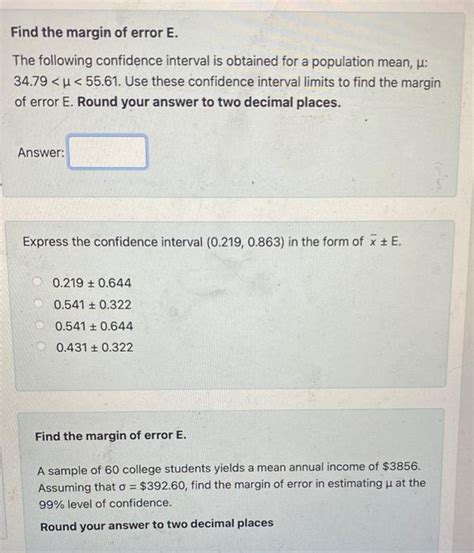 Solved Find The Margin Of Error E The Following Confidence Chegg