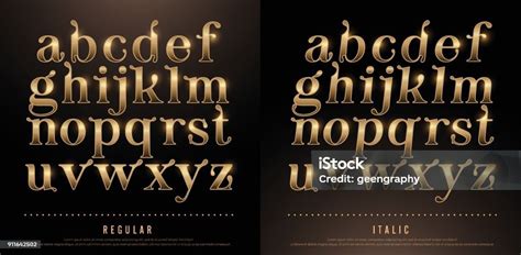 우아한 골드 컬러 메탈 크롬 알파벳 소문자 글꼴의 집합입니다 타이 포 그래피 골든 클래식 스타일 폰트 로고 포스터 초대장에 대 한 설정입니다 벡터 일러스트 레이 터 금