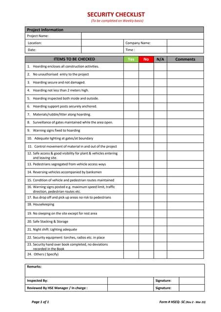 Security Checklist Form Hseq Sc Rev 2 Docx Home Security Home