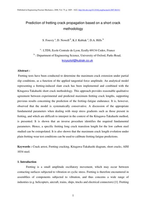 Pdf Prediction Of Fretting Crack Propagation Based On A Short Crack
