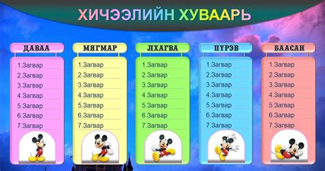 Бага ангийн хичээлд хэрэглэх бэлэн загвар Хичээлийн хуваарь