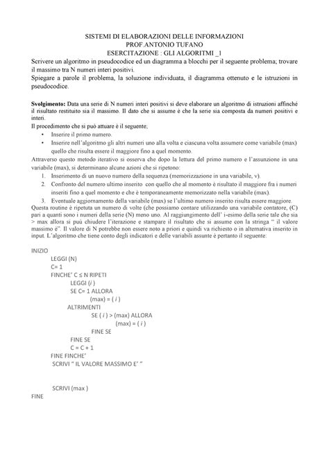 Esercitazione Algoritmi Scrive Un Algoritmo In Pseudocodice Sistemi Di Elaborazione Delle