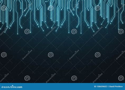 Abstract Technology Background With Microcircuit Lines Hanging From Above And Copyspace Stock