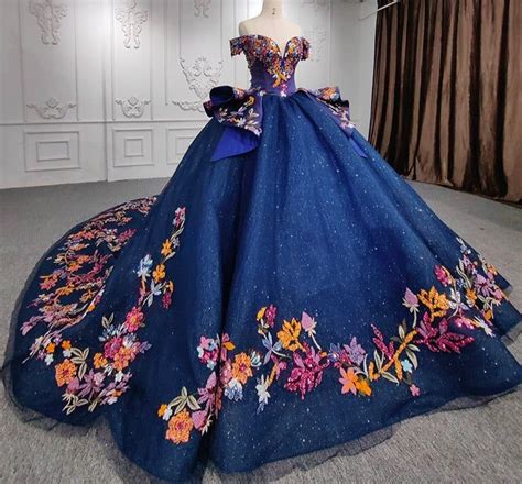 Quinceanera Flower Ball Gown Crystal Blue Sequined Dress Ball Gowns