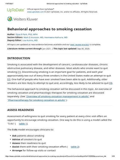 Behavioral Approaches To Smoking Cessation Uptodate Pdf Smoking Cessation Psychotherapy