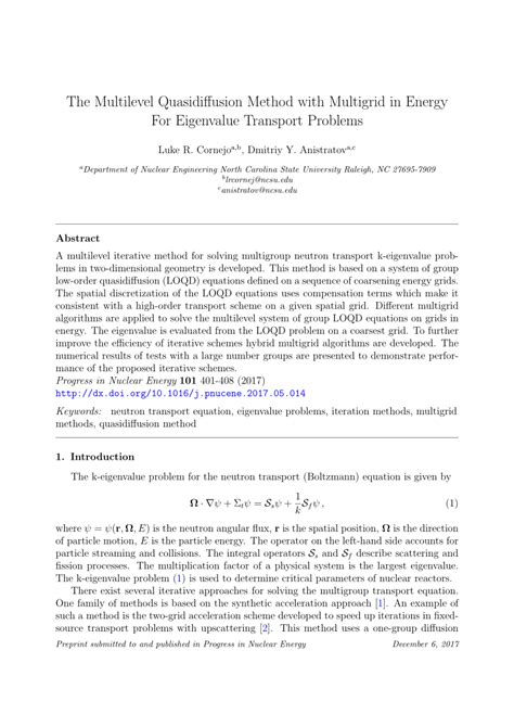 Pdf The Multilevel Quasidiffusion Method With Multigrid In Energy For Eigenvalue Transport