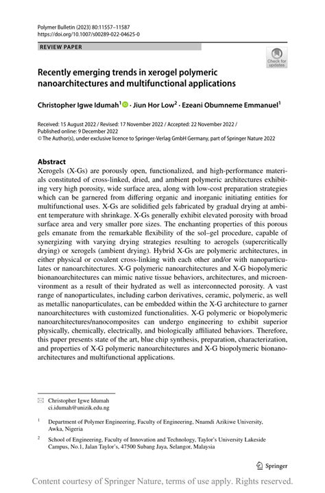 Recently Emerging Trends In Xerogel Polymeric Nanoarchitectures And