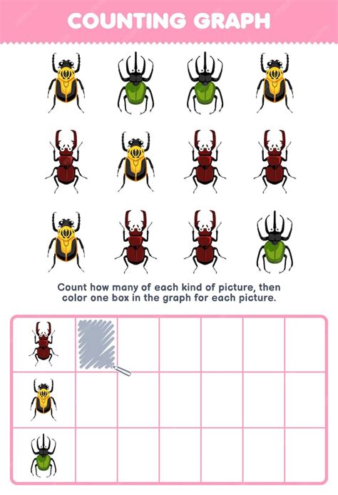 어린이를 위한 교육 게임은 귀여운 만화 딱정벌레의 수를 세고 그래프 인쇄 가능한 버그 워크시트에서 상자를 색칠합니다 프리미엄 벡터