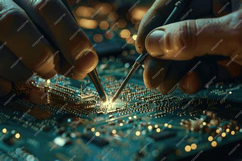 A Closeup View Of An Electronic Engineer Assembling And Testing A Circuit Board With Various