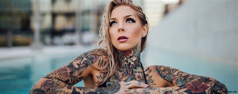 Sexy Blonde Girl With Tattoos Swimming In The Pool 8k Wallpaper Download