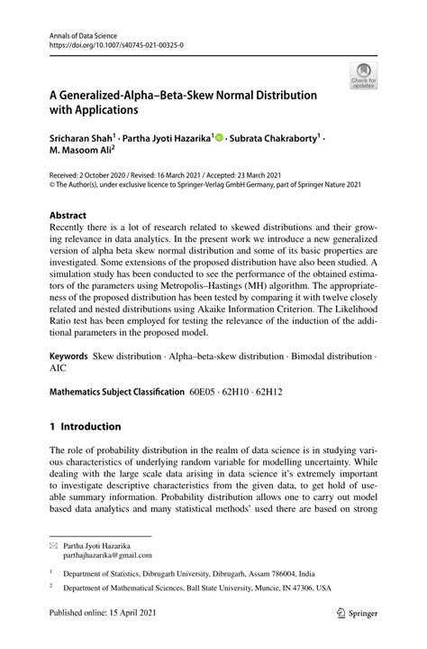 Pdf A Generalized Alphabeta Skew Normal Distribution With Applications
