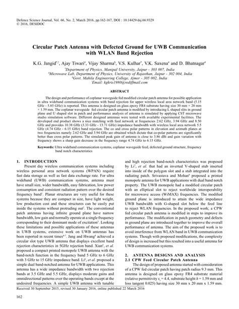 Pdf Circular Patch Antenna With Defected Ground For Uwb Communication With Wlan Band Rejection