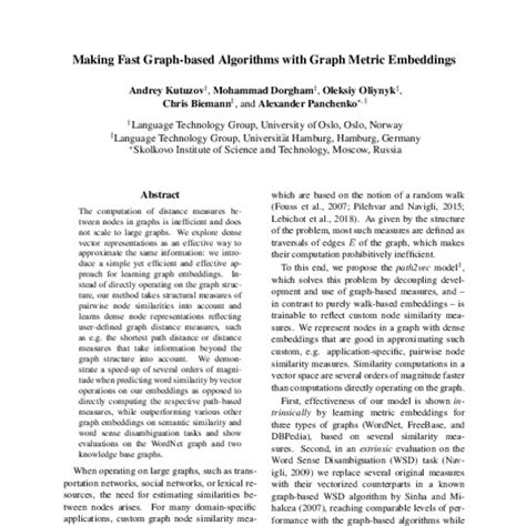 Making Fast Graph Based Algorithms With Graph Metric Embeddings Acl Anthology