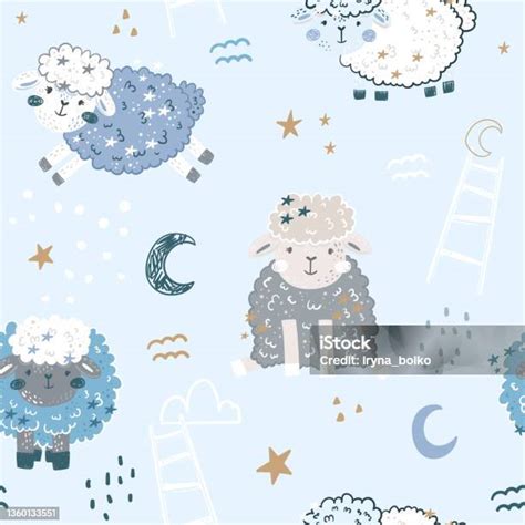 귀여운 양 달 구름과 매끄러운 패턴 창조적 인 좋은 밤 배경 어린이 의류 직물 섬유 보육 장식 포장지에 적합합니다 벡터 일러스트레이션 0명에 대한 스톡 벡터 아트 및 기타