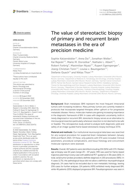 Pdf The Value Of Stereotactic Biopsy Of Primary And Recurrent Brain Metastases In The Era Of