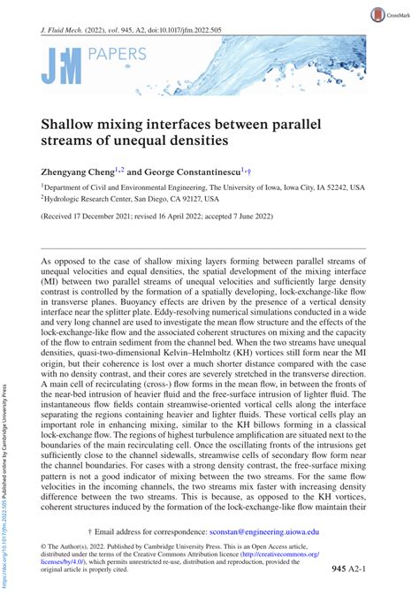 Pdf Shallow Mixing Interfaces Between Parallel Streams Of Unequal Densities