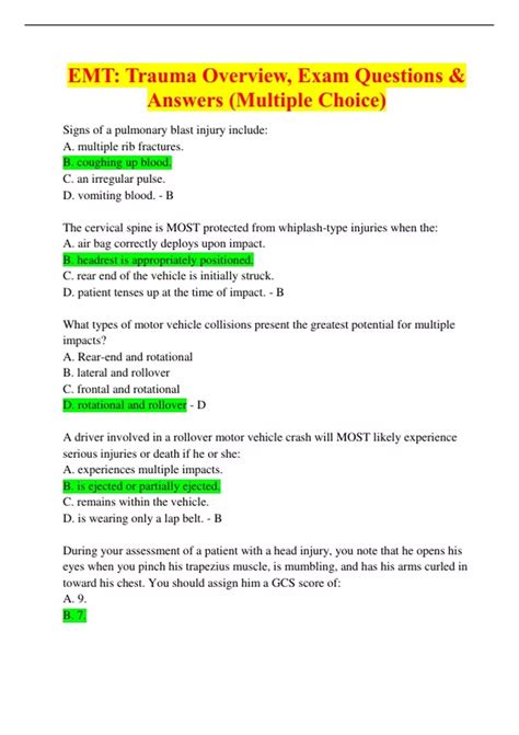 EMT Trauma Overview Exam Questions Answers Multiple Choice EMT Trauma Overview Stuvia US