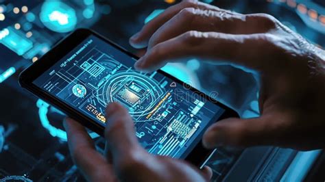 software engineer using smartphone with futuristic holographic