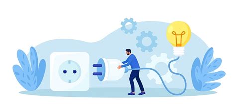 코드가 달린 전기 플러그를 들고 전구를 전원 콘센트에 연결하는 사업가 사업 아이디어 솔루션 새로운 프로젝트 개발 시작에 대한 투자 아이디어 검색 및 브레인스토밍 개발에 대한